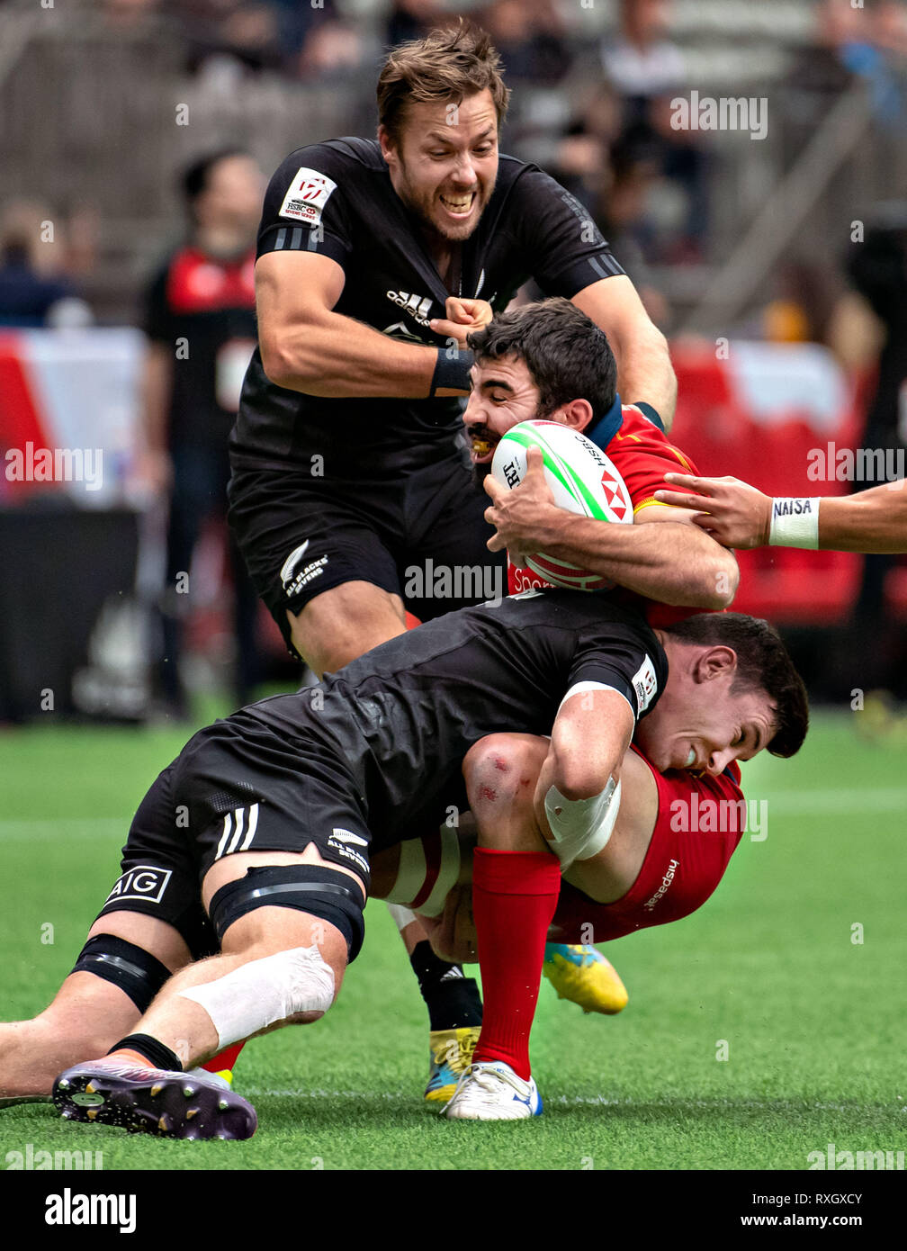 Vancouver, Canada. 9th Mar, 2019. Javier Carrion (C) of Spain vies with ...