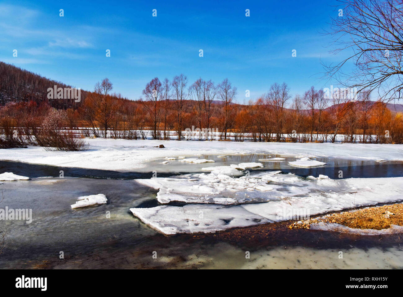 China. 10th Mar, 2019. Yakeshi, CHINA-Scenery of Yalu River in Yakeshi ...