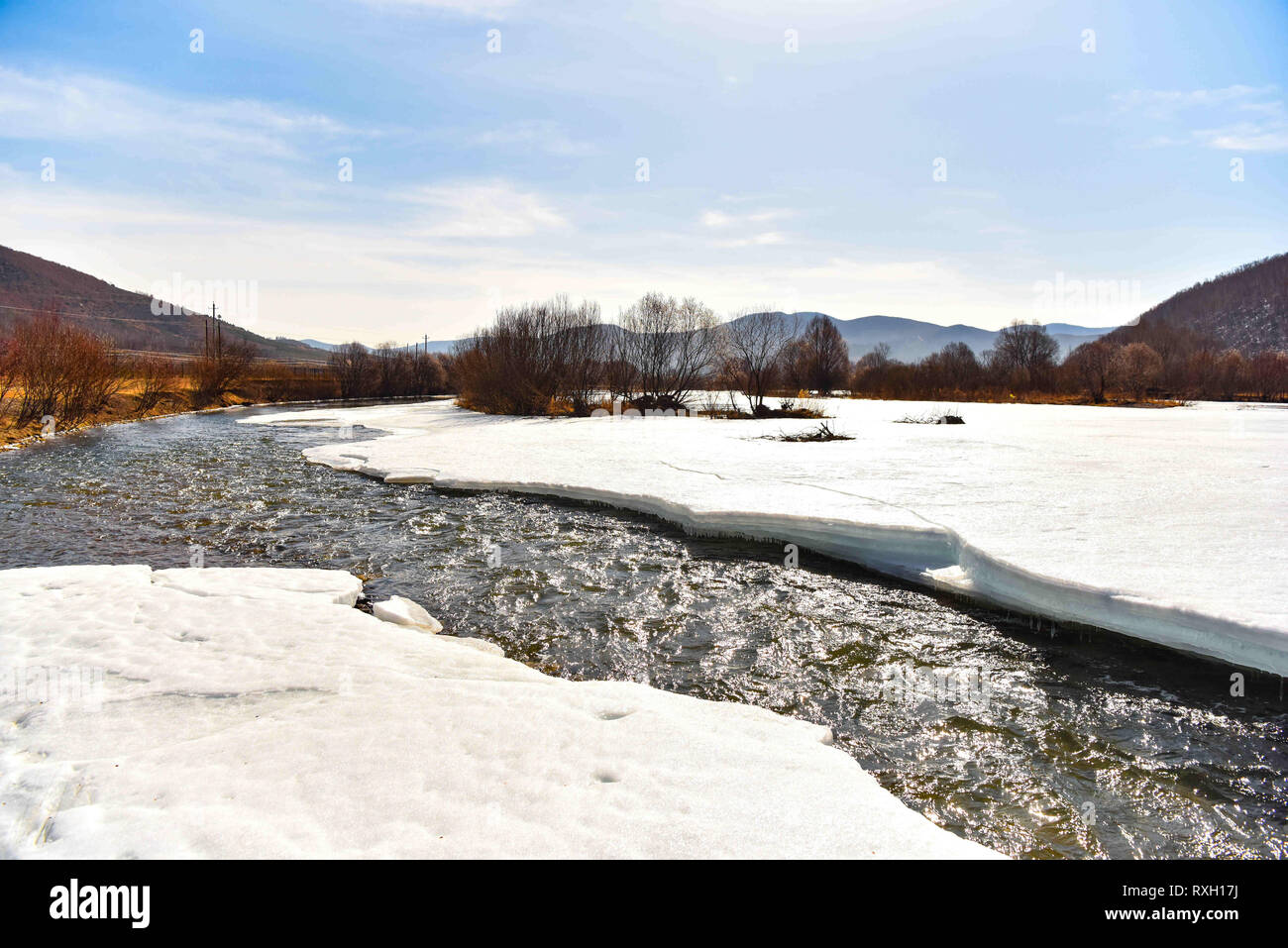 China. 10th Mar, 2019. Yakeshi, CHINA-Scenery of Yalu River in Yakeshi ...