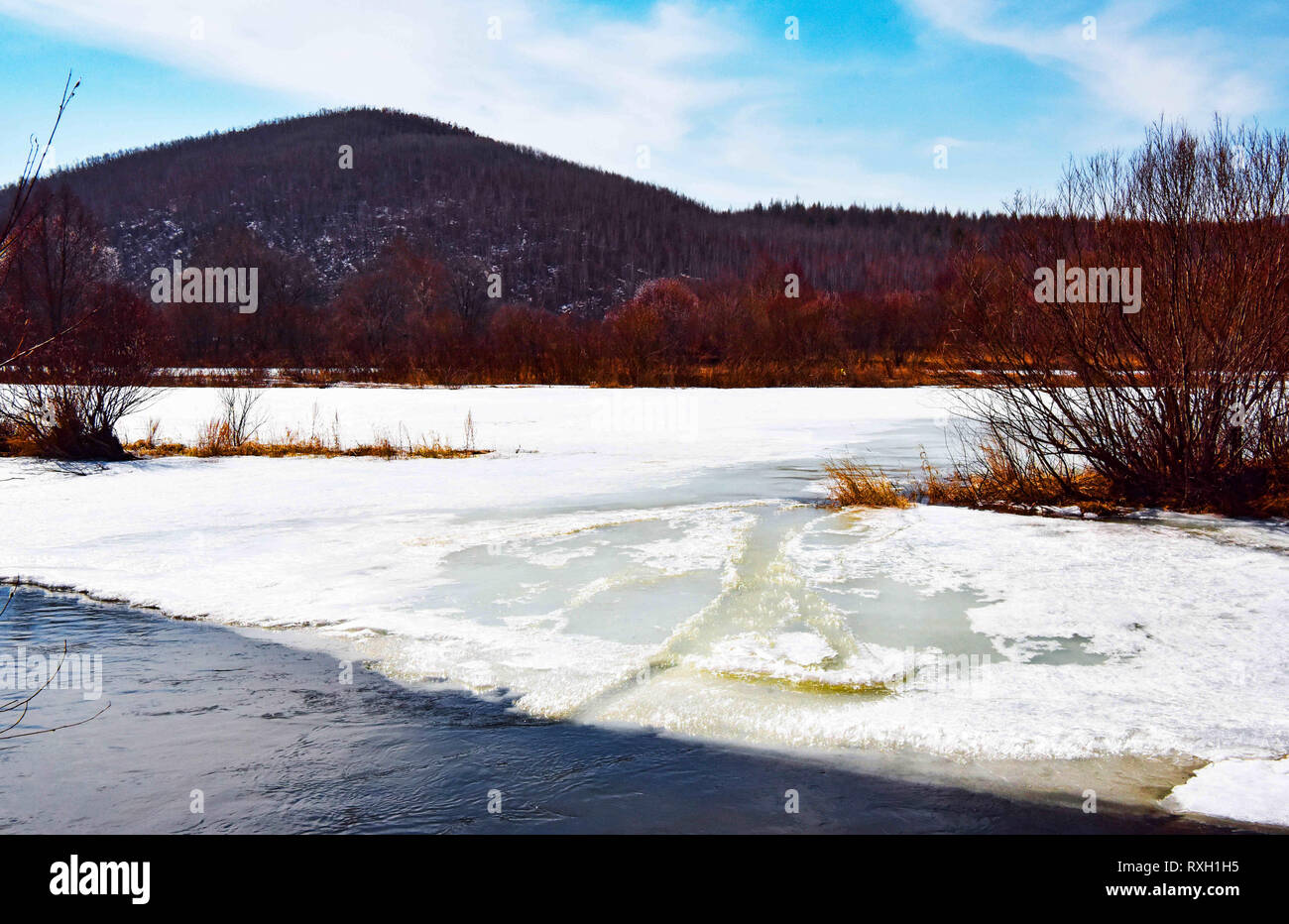 China. 10th Mar, 2019. Yakeshi, CHINA-Scenery of Yalu River in Yakeshi ...