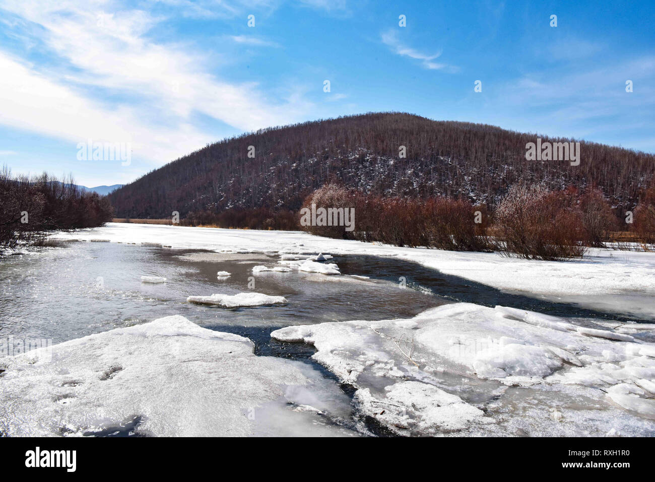 China. 10th Mar, 2019. Yakeshi, CHINA-Scenery of Yalu River in Yakeshi ...