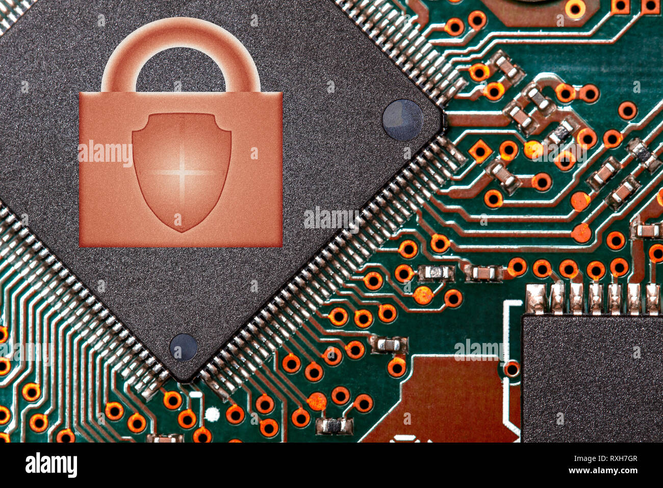 close up circuit digital chip with lock logo. security technologies ...