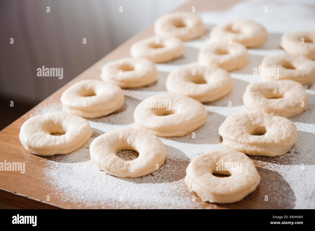 Chef preparing dough - cooking donuts process, work with flour Stock ...