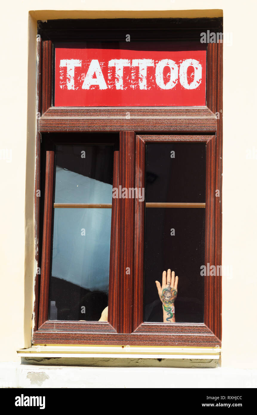 Grodno, Belarus- May 26, 2018: Window in Tattoo Studio. Facade of a ...