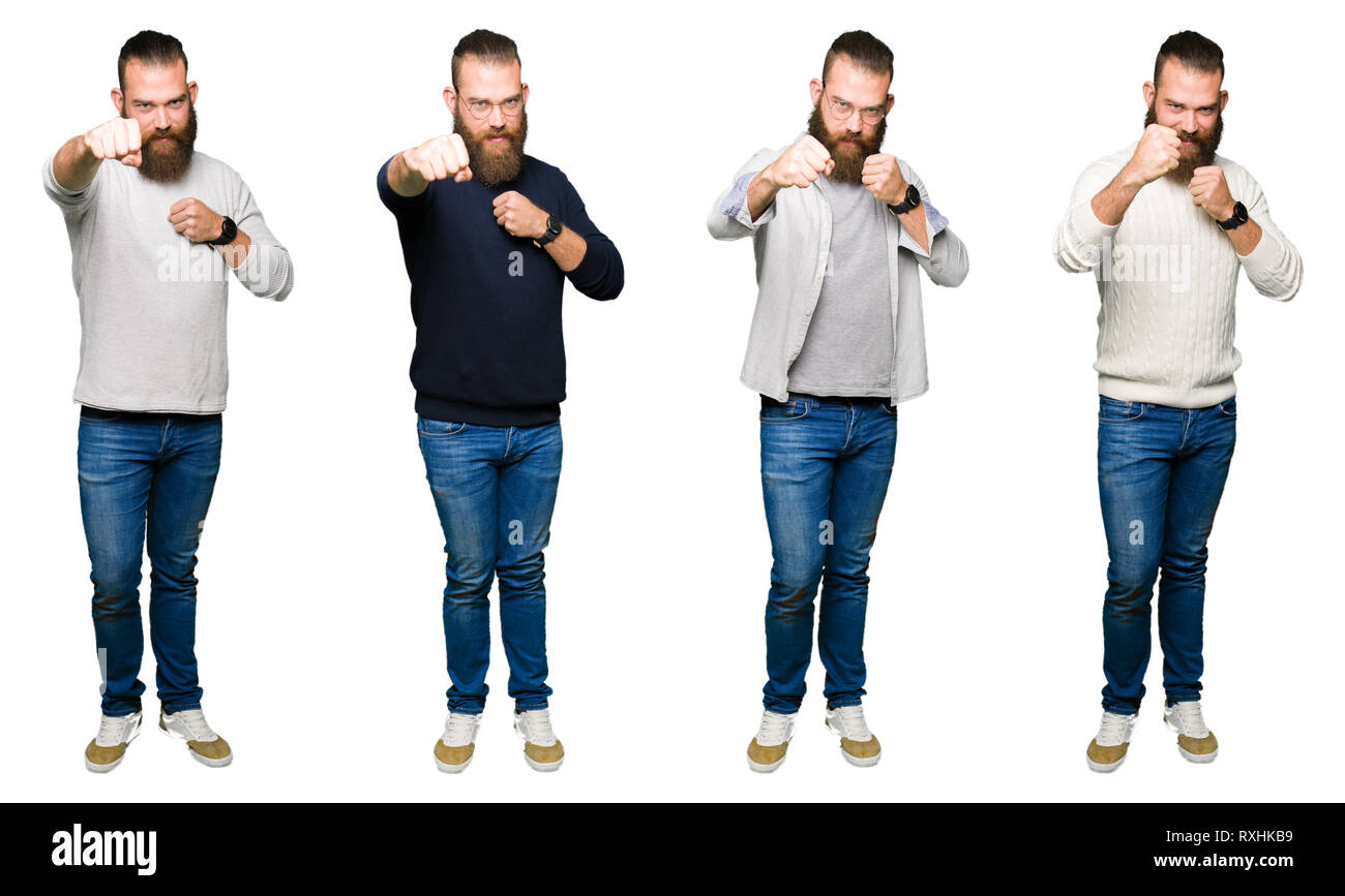 Collage of young man with bun over white isolated background Punching ...