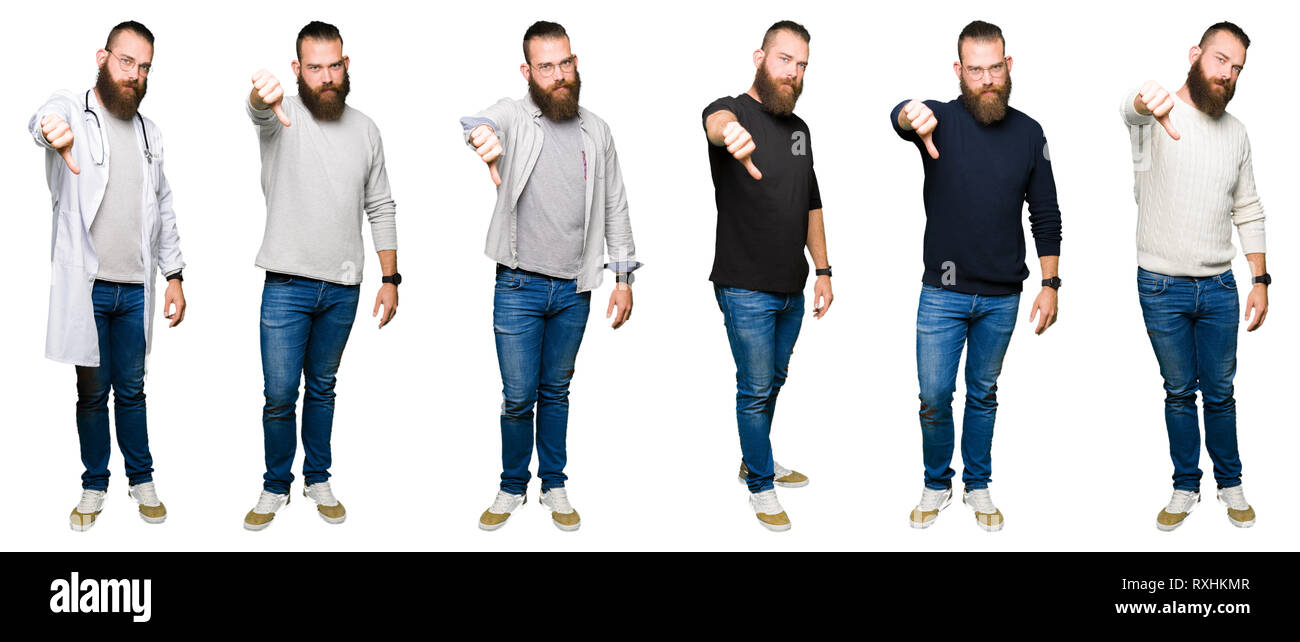 Collage of young man with bun over white isolated background looking ...
