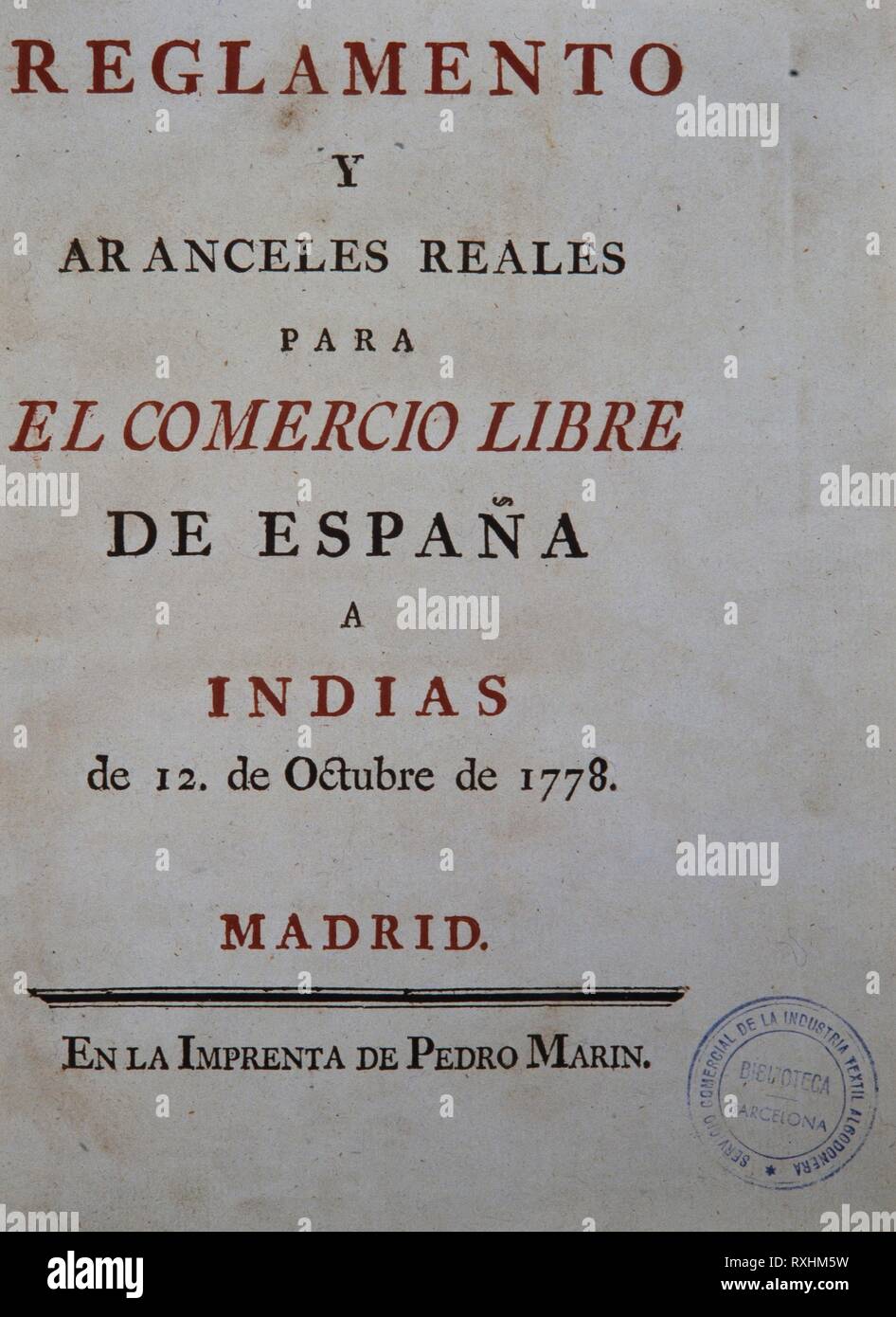 REGLAMENTO DE COMERCIO. 1778. Museum: BIBLIOTECA DE CATALUNYA Stock ...