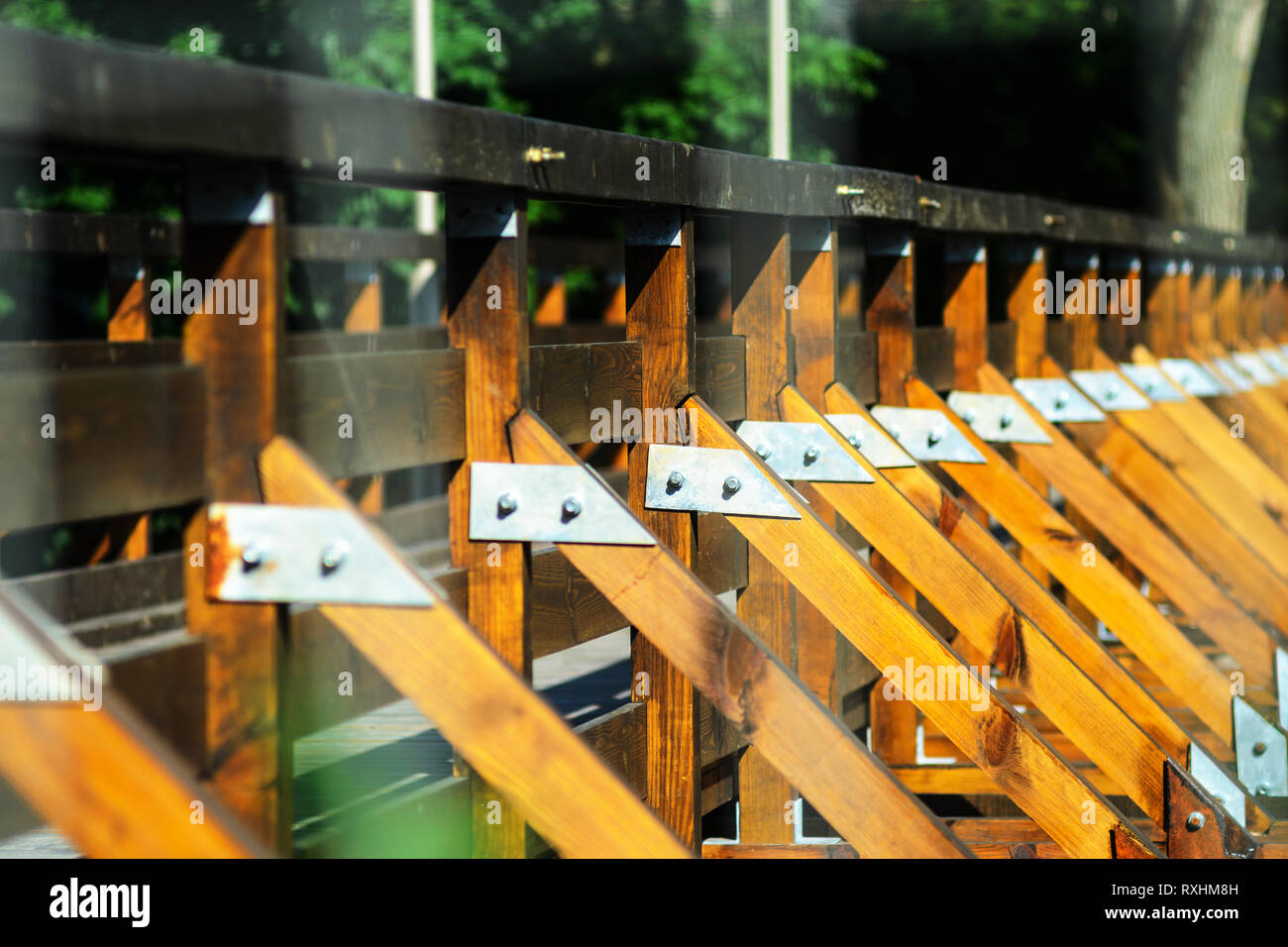 Wooden Balusters Fencing Pedestrian Bridge. Wooden Structural Elements ...
