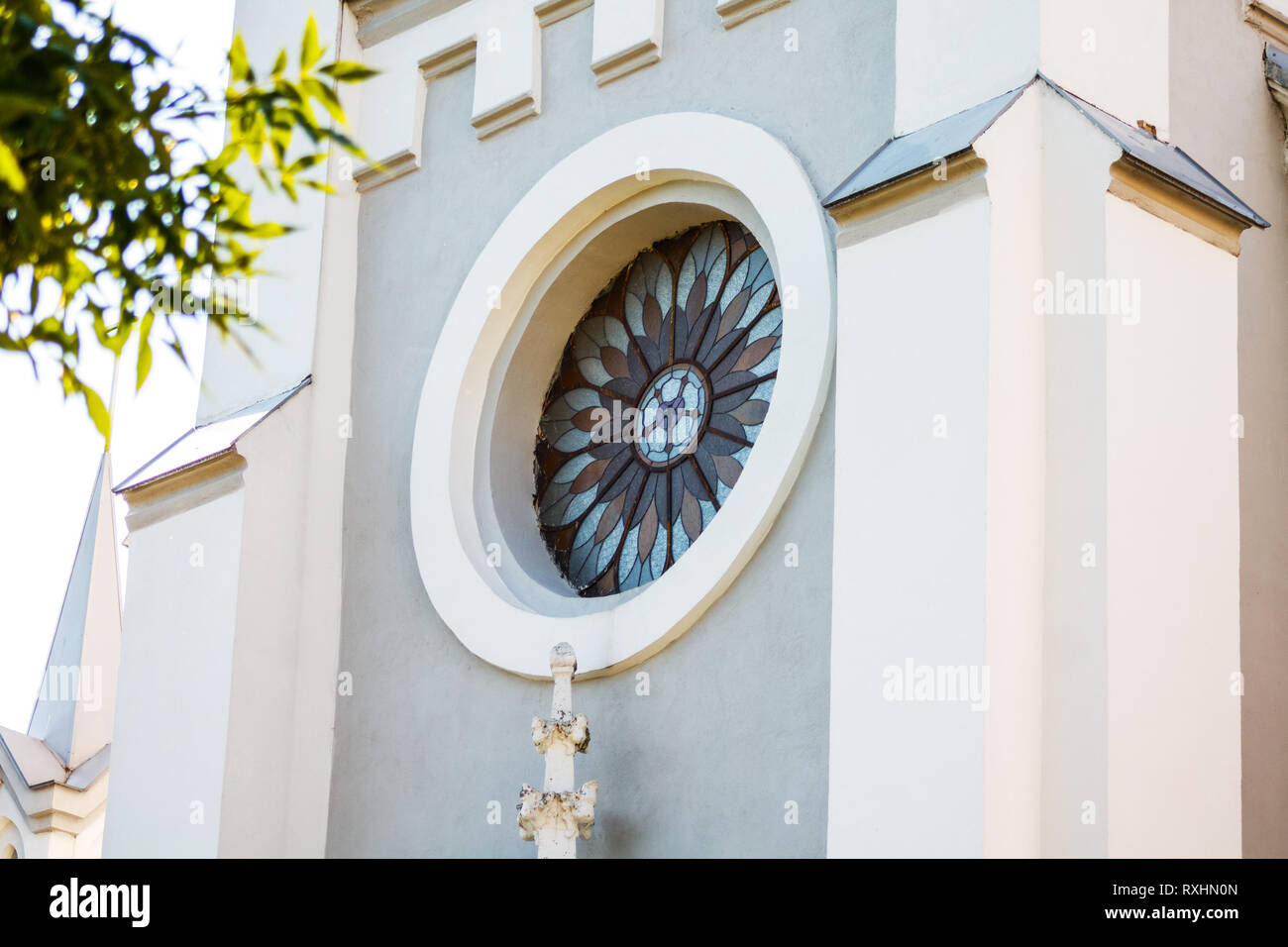 Multicolored stained glass round rose window Gothic style. Catholic ...