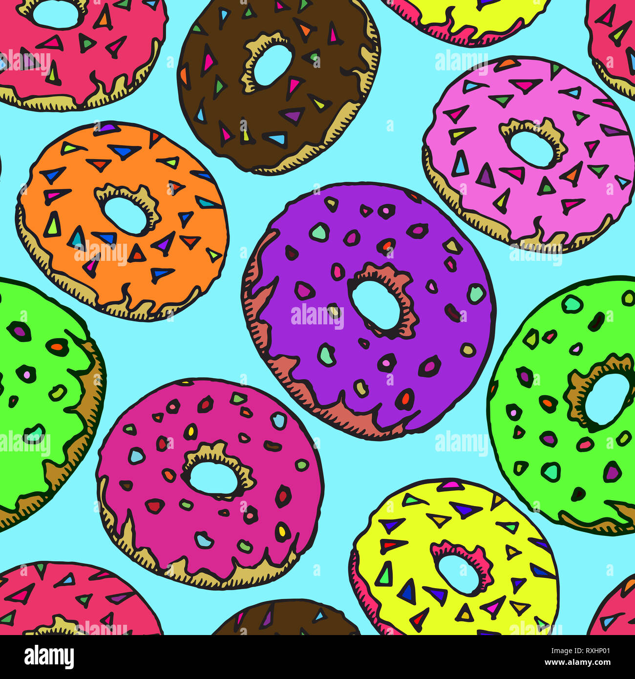 Donut in chocolate and colorful glaze, hand drawn doodle, sketch in pop ...
