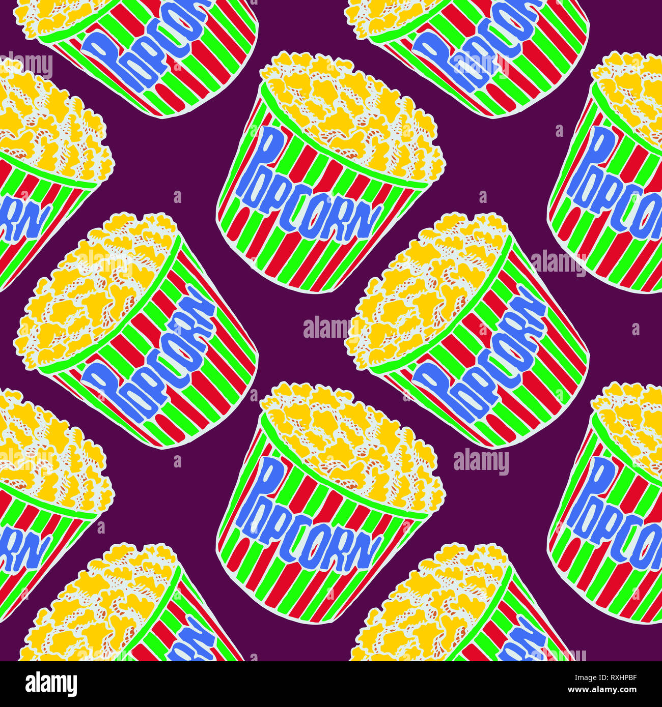 Popcorn in striped box, hand drawn doodle, sketch in pop art style ...