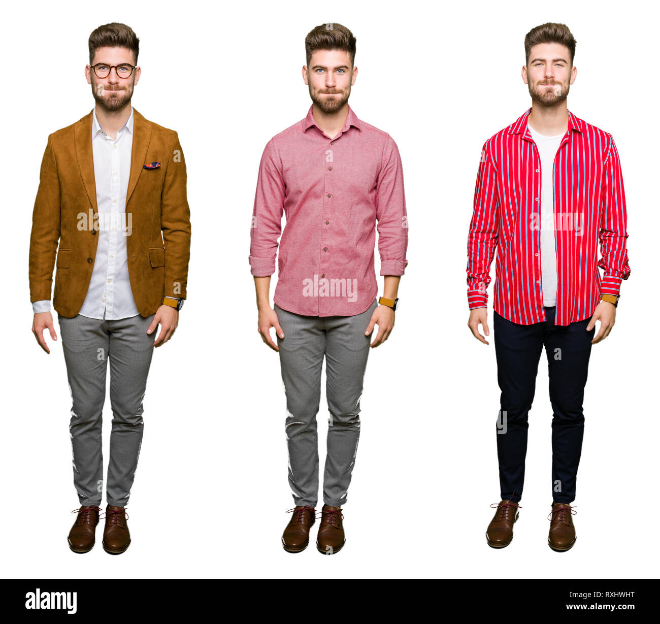 Collage of handsome young business man over white isolated background ...