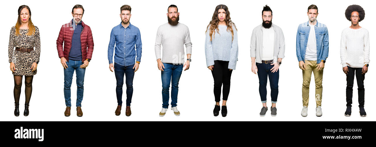 Collage of people over white isolated background depressed and worry ...