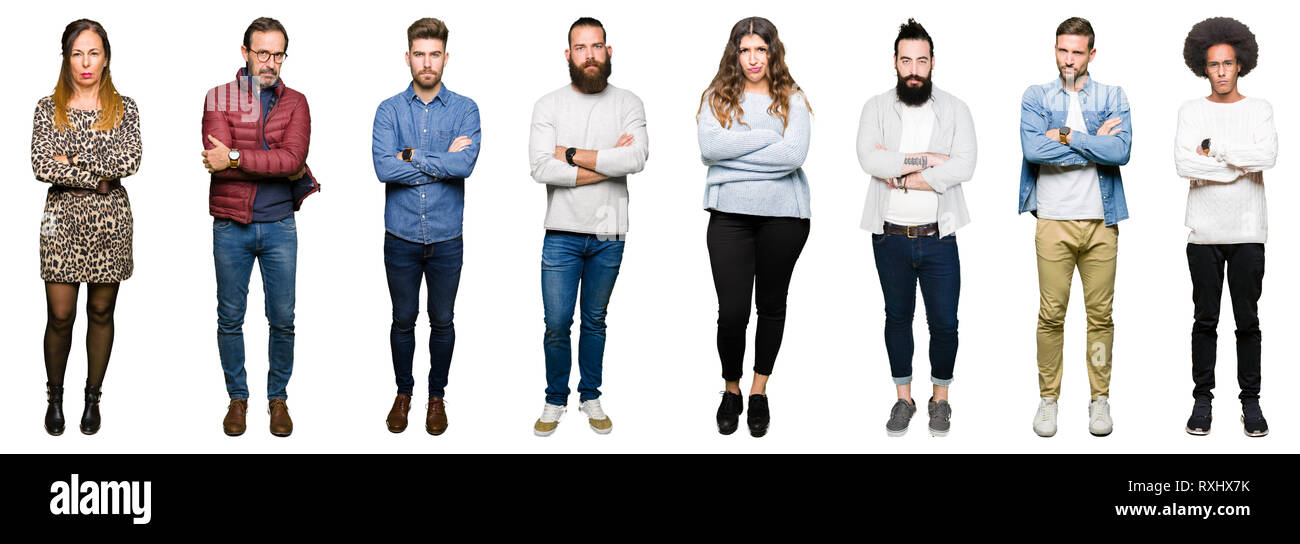 Collage of people over white isolated background skeptic and nervous ...