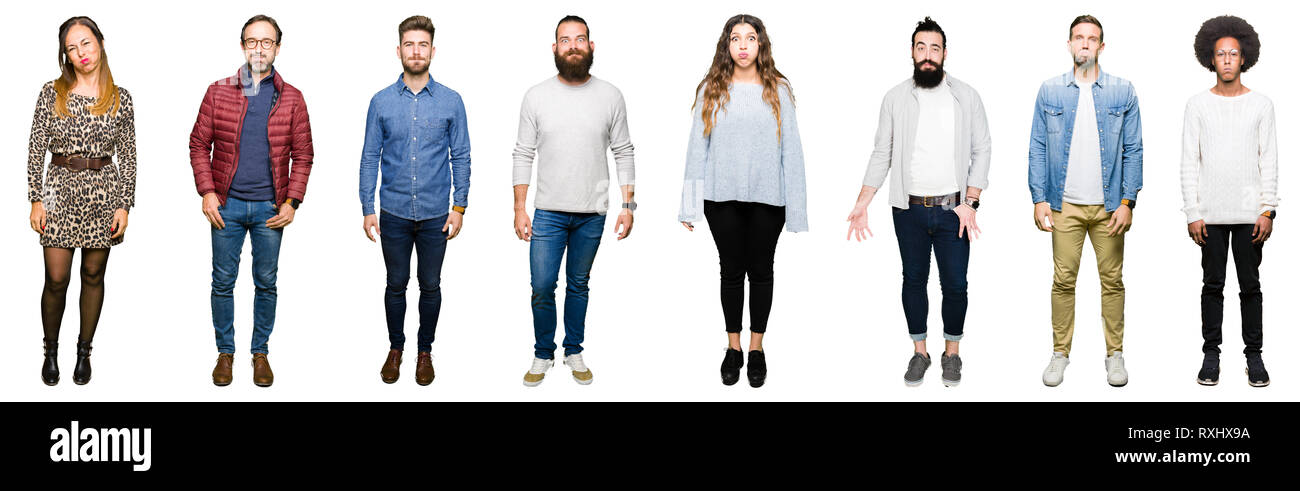 Collage of people over white isolated background puffing cheeks with ...