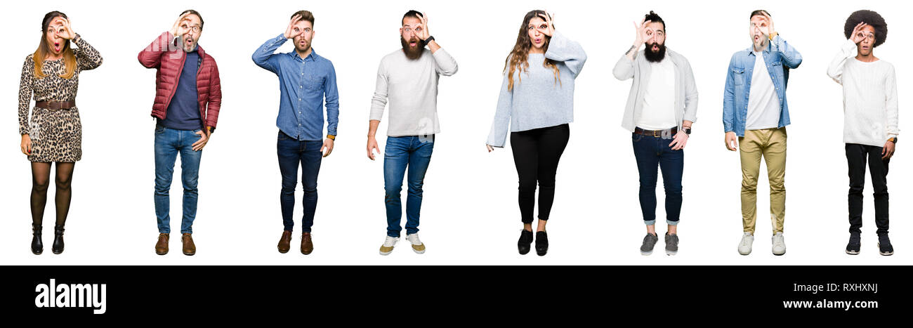 Collage of people over white isolated background doing ok gesture ...