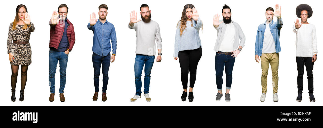 Collage of people over white isolated background doing stop sing with ...