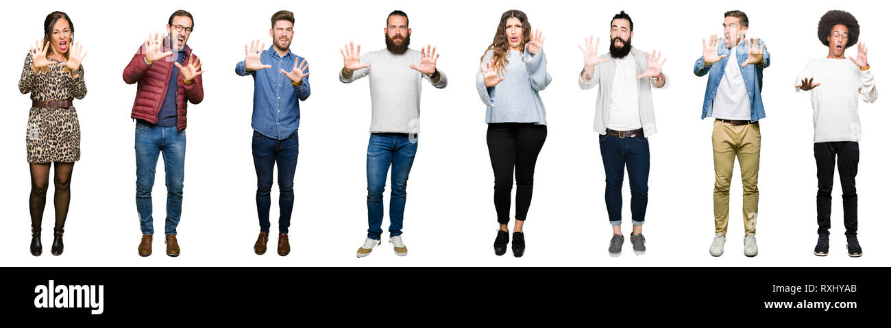 Collage of people over white isolated background afraid and terrified ...