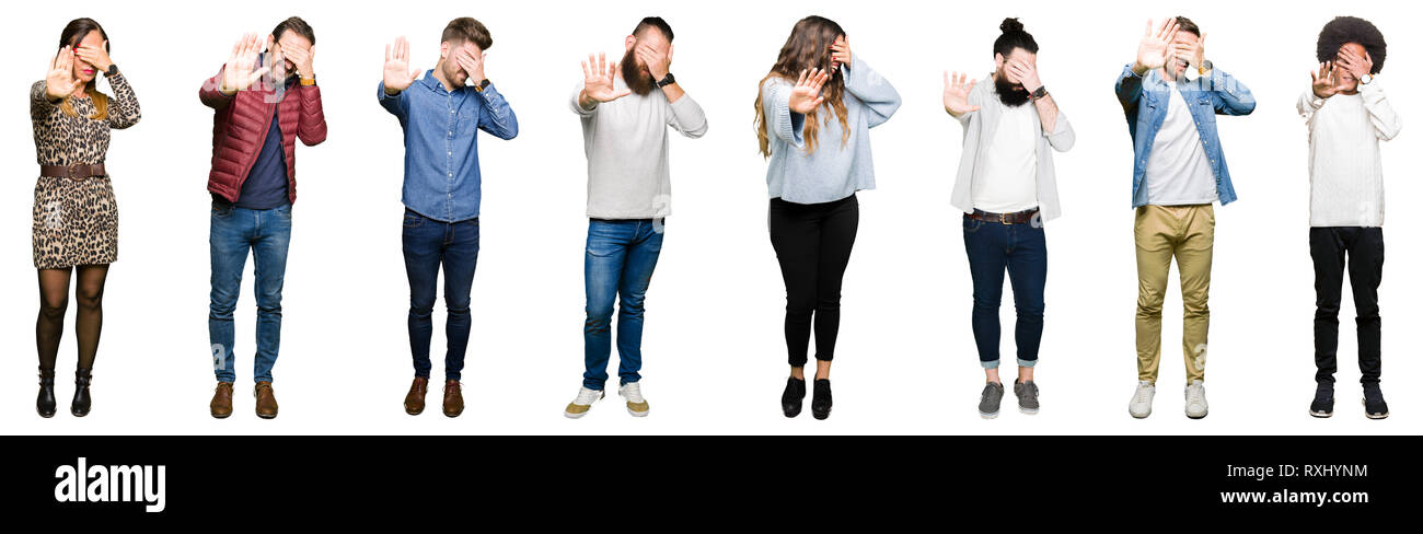 Collage of people over white isolated background covering eyes with ...