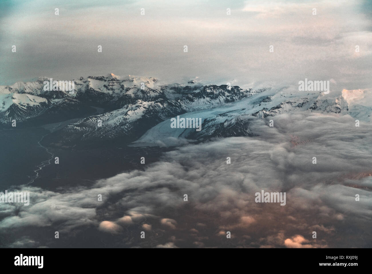 Aerial view of sunrise in winter nature landscape in north Iceland with ...