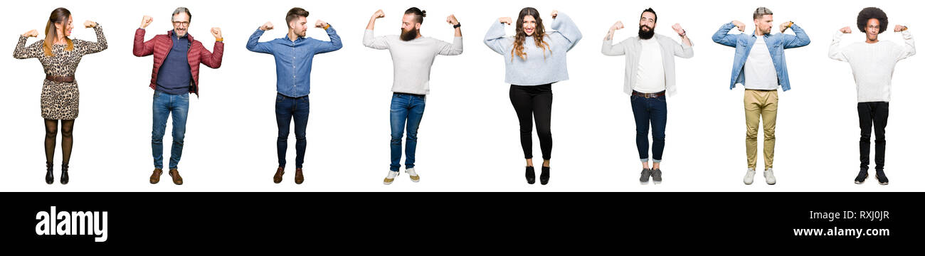 Collage of people over white isolated background showing arms muscles ...