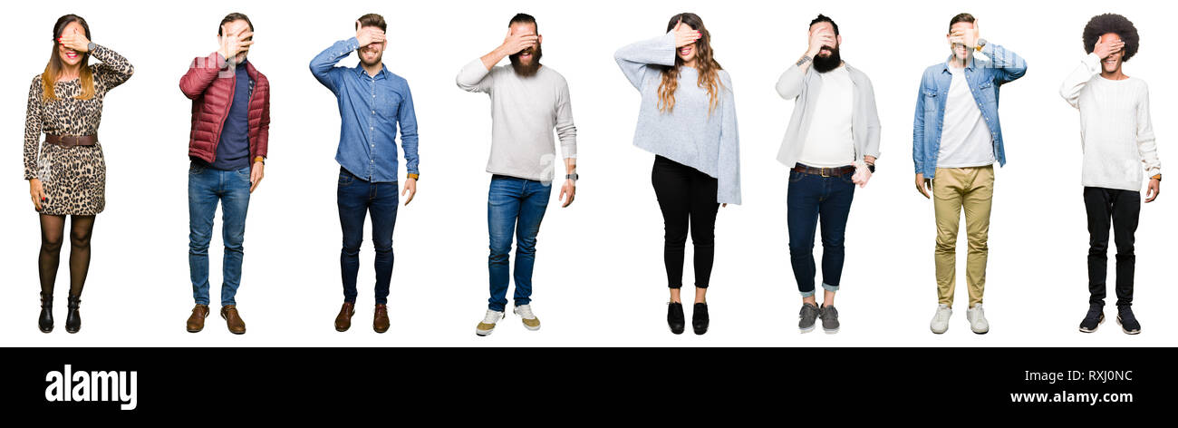 Collage of people over white isolated background smiling and laughing ...