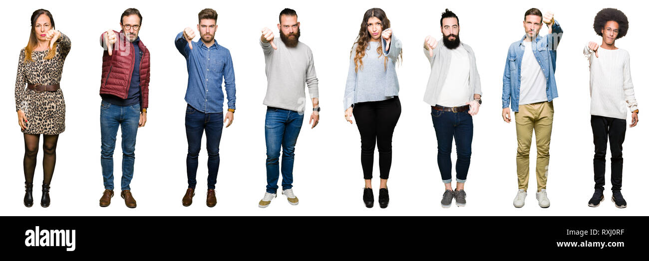 Collage of people over white isolated background looking unhappy and ...