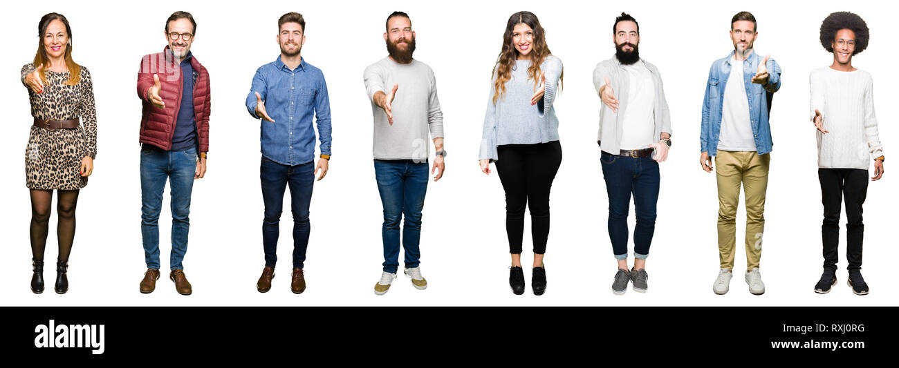 Collage of people over white isolated background smiling friendly ...