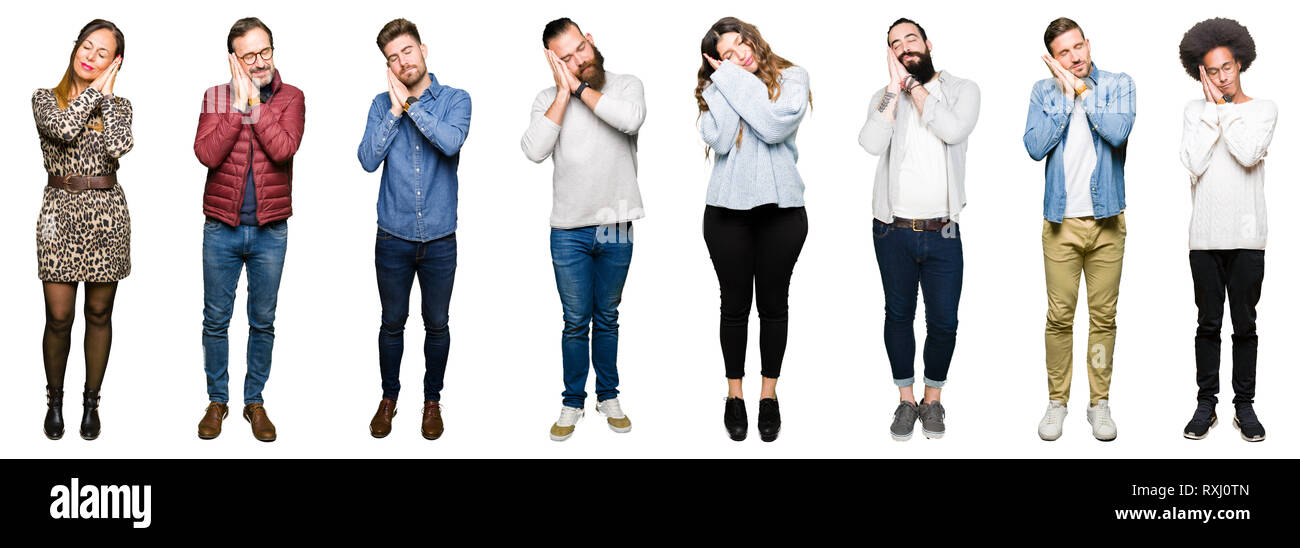 Collage of people over white isolated background sleeping tired ...