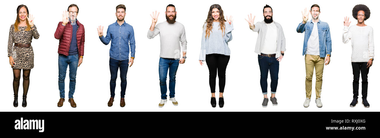 Collage of people over white isolated background showing and pointing ...