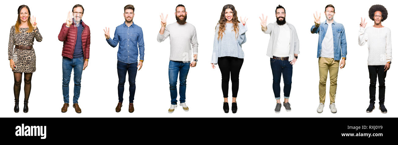Collage of people over white isolated background showing and pointing ...