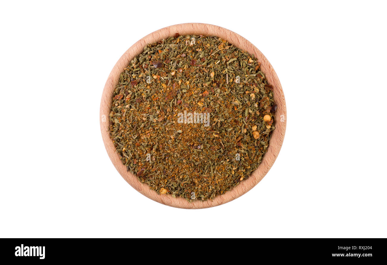 red savory mix or Chubritsa in wooden bowl isolated on white background ...