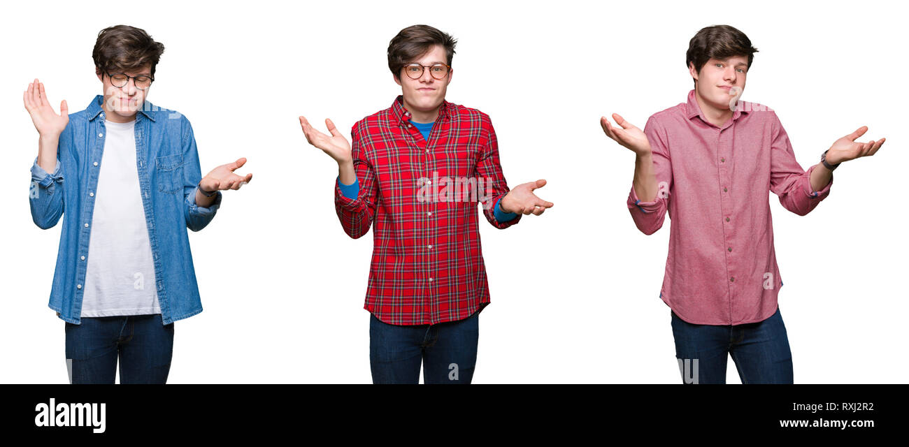 Collage of young man over white isolated background clueless and ...