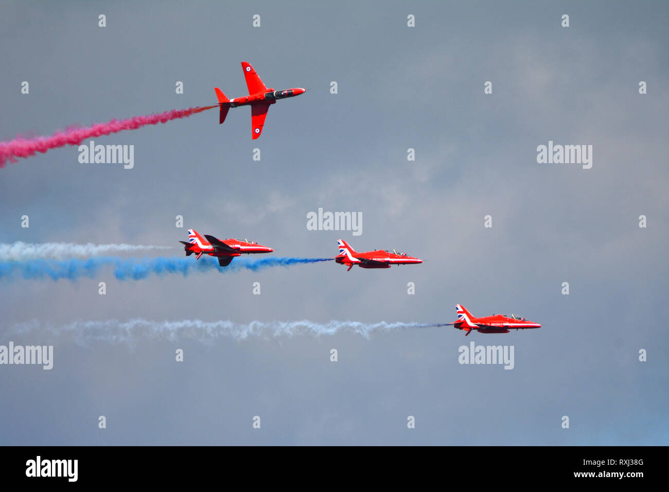 Red Arrows, Hawk airplane, Airshow Scarborough Stock Photo - Alamy