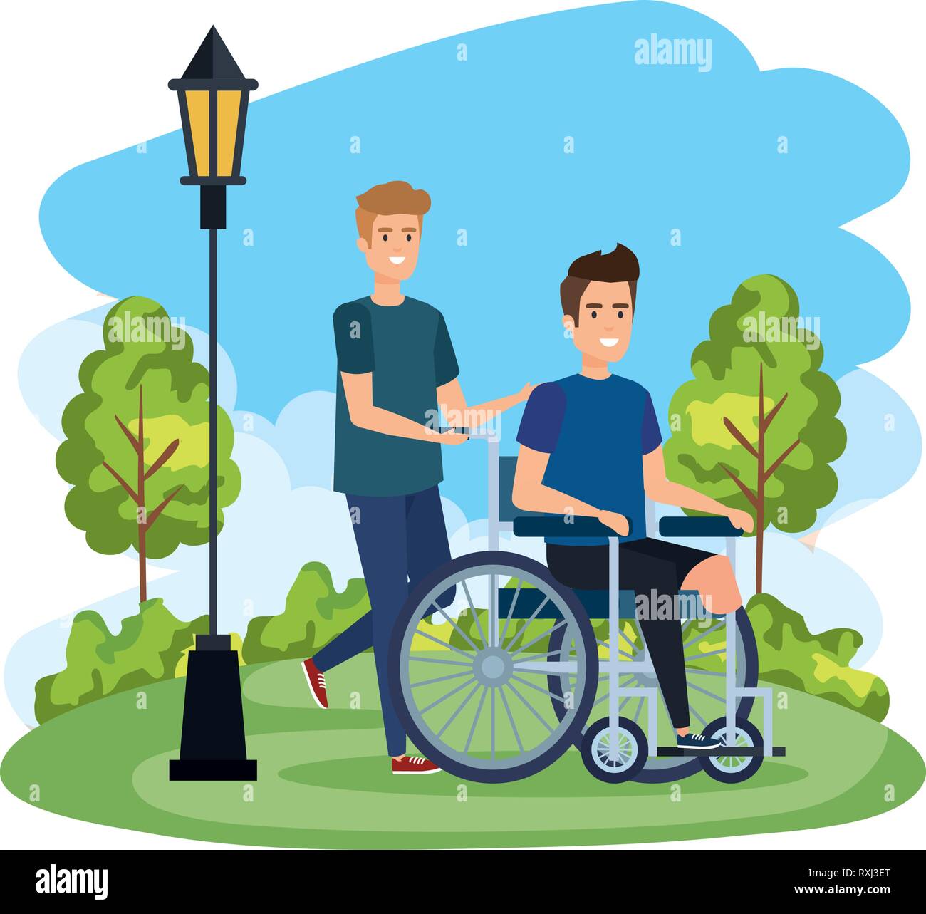 young man in wheelchair with male helper Stock Vector Image & Art - Alamy