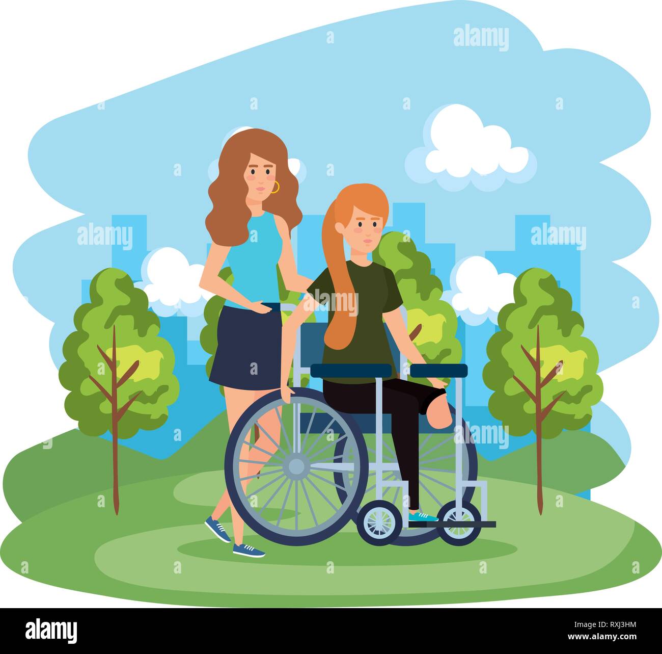 young woman in wheelchair with female helper Stock Vector Image & Art ...
