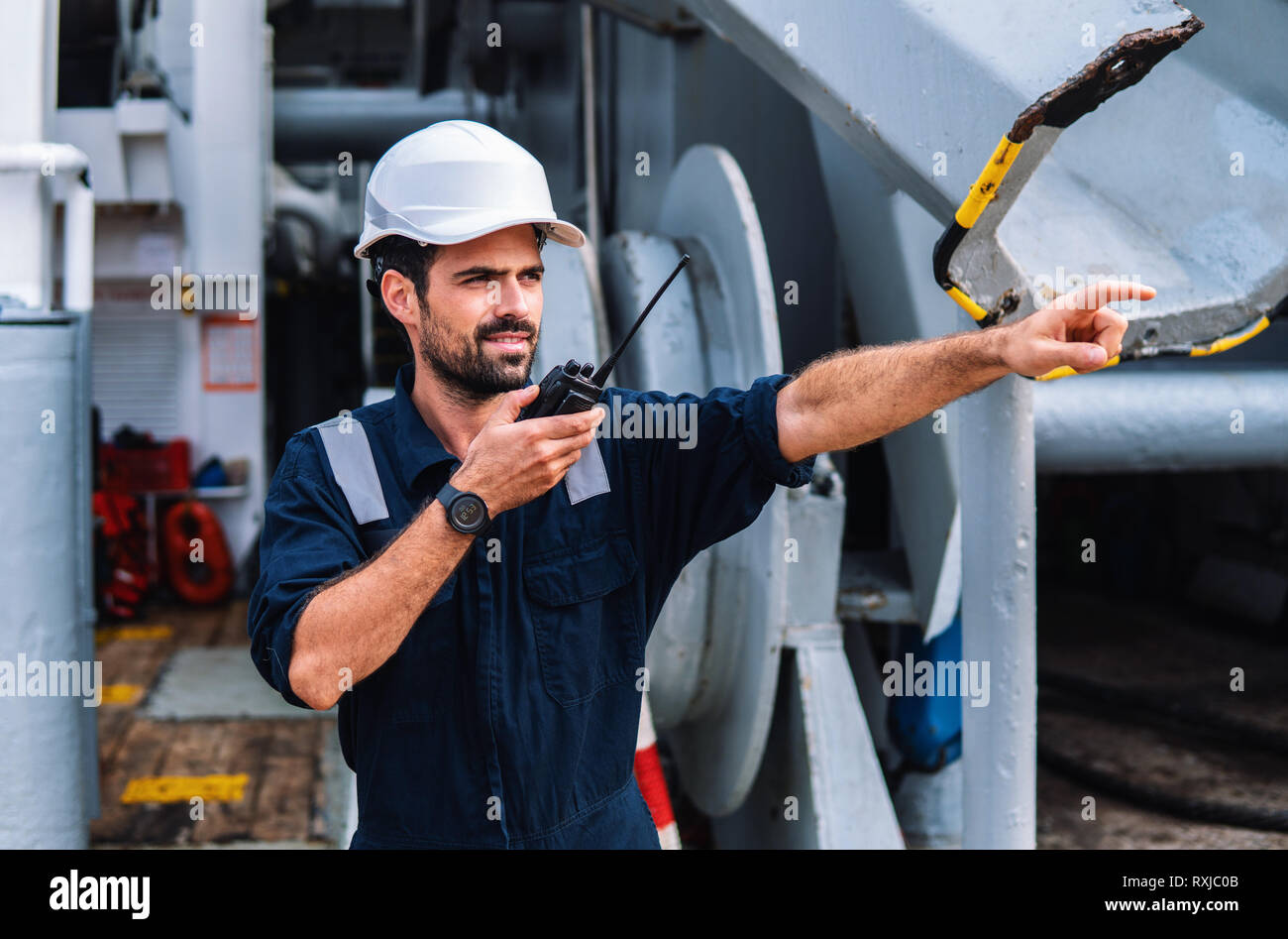 Marine Deck Officer or Chief mate on deck of vessel or ship Stock Photo ...