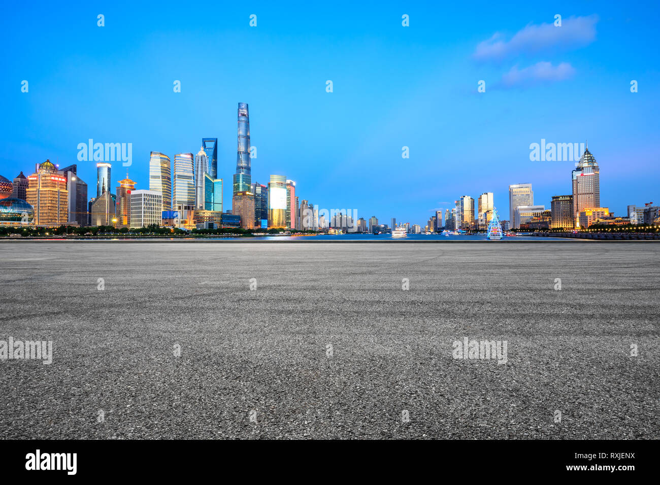 Empty asphalt square ground with panoramic city skyline in Shanghai ...