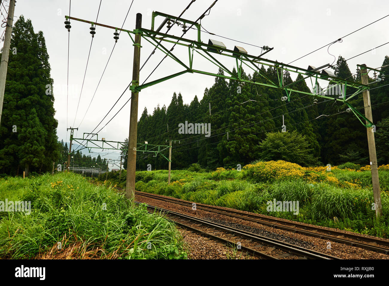 Train tracks on the Joetsu Line lead into the distance in rural Yuzawa ...