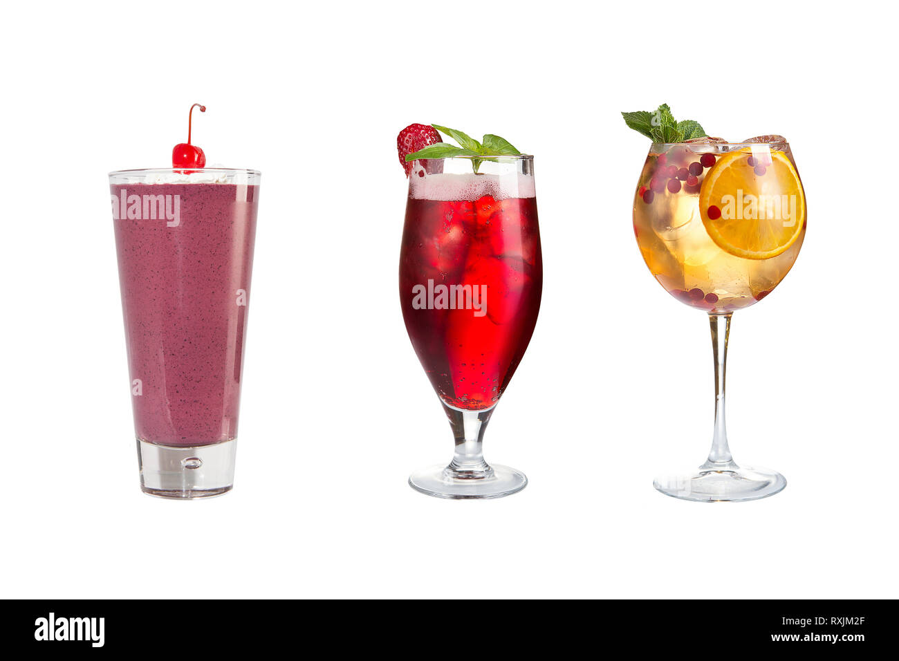 A variety of alcoholic drinks, beverages and cocktails on a white ...