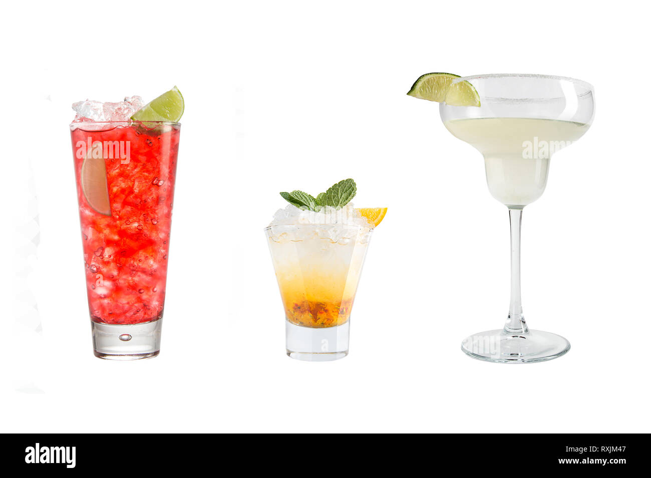A variety of alcoholic drinks, beverages and cocktails on a white ...