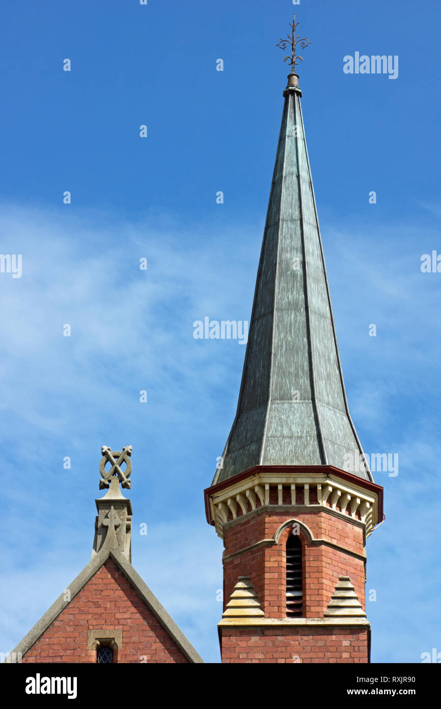 Australian small town church spire and church facade, side and aerial ...