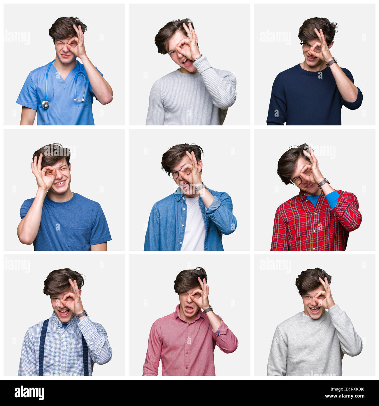 Collage of young man over white isolated background doing ok gesture ...