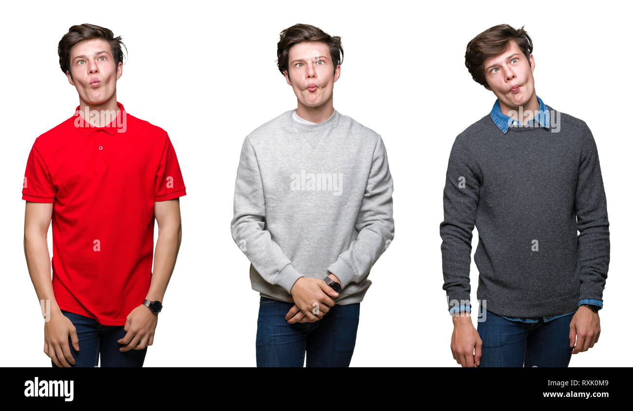 Collage of young man over white isolated background making fish face ...