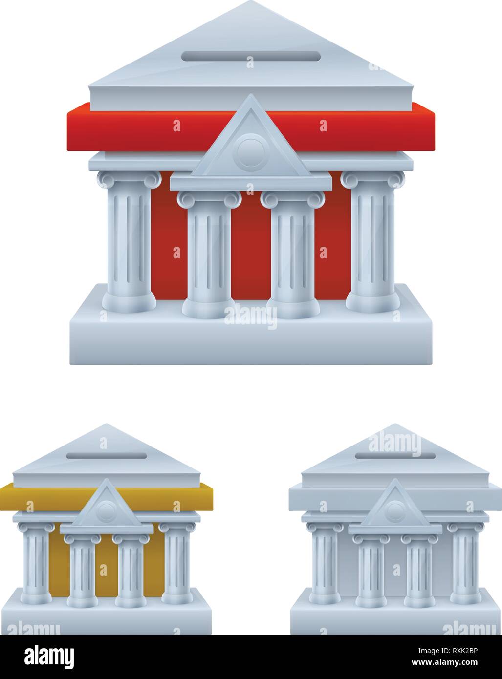 Bank building shaped piggy banks on white background. Financial concept ...