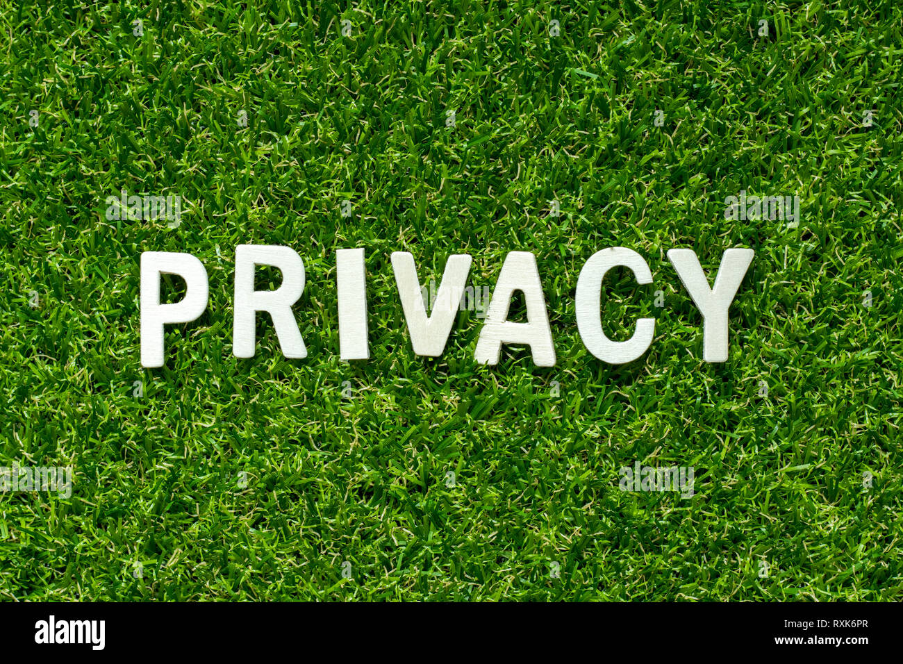 Wood alphabet in word privacy on artificial green grass background ...