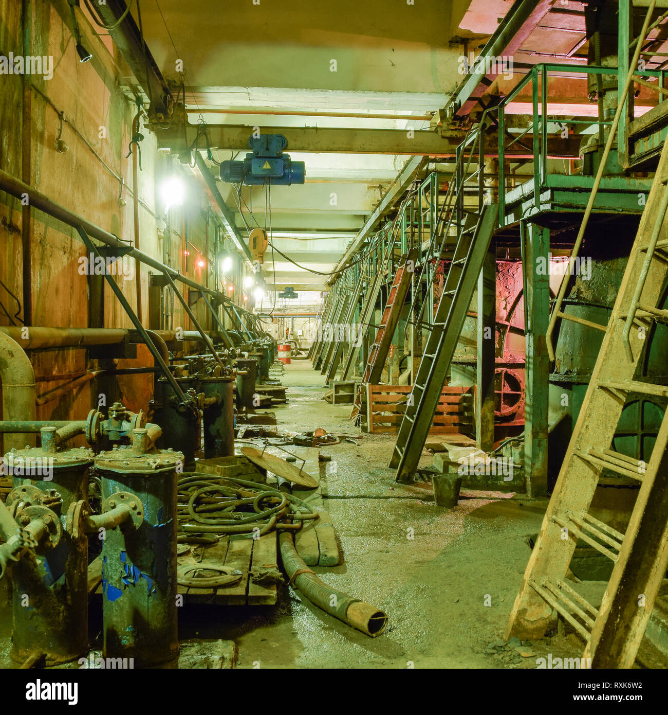 Basement of a water pumping station. Abandoned post-apocalyptic view of ...
