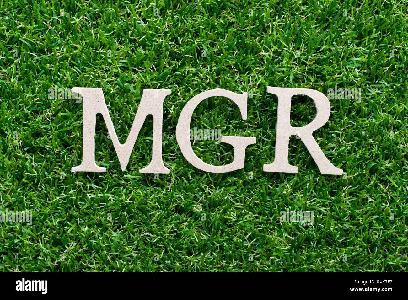 Wood alphabet in word mgr (abbreviation of manager) on artificial green ...