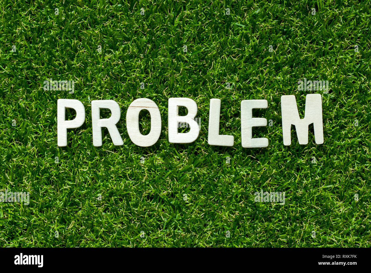 Wood alphabet in word problem on artificial green grass background ...