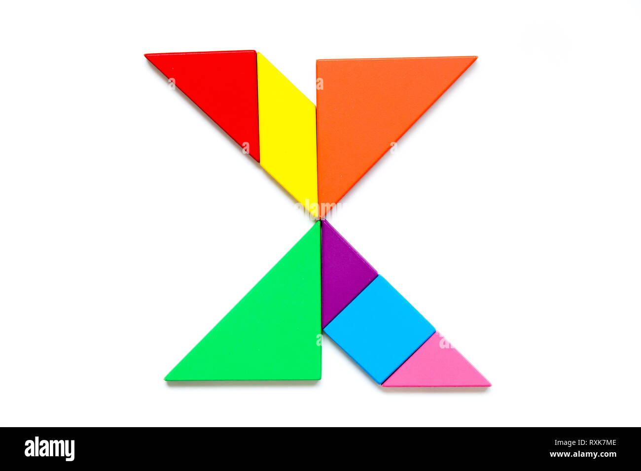 Color tangram puzzle in english alphabet x shape on white background ...
